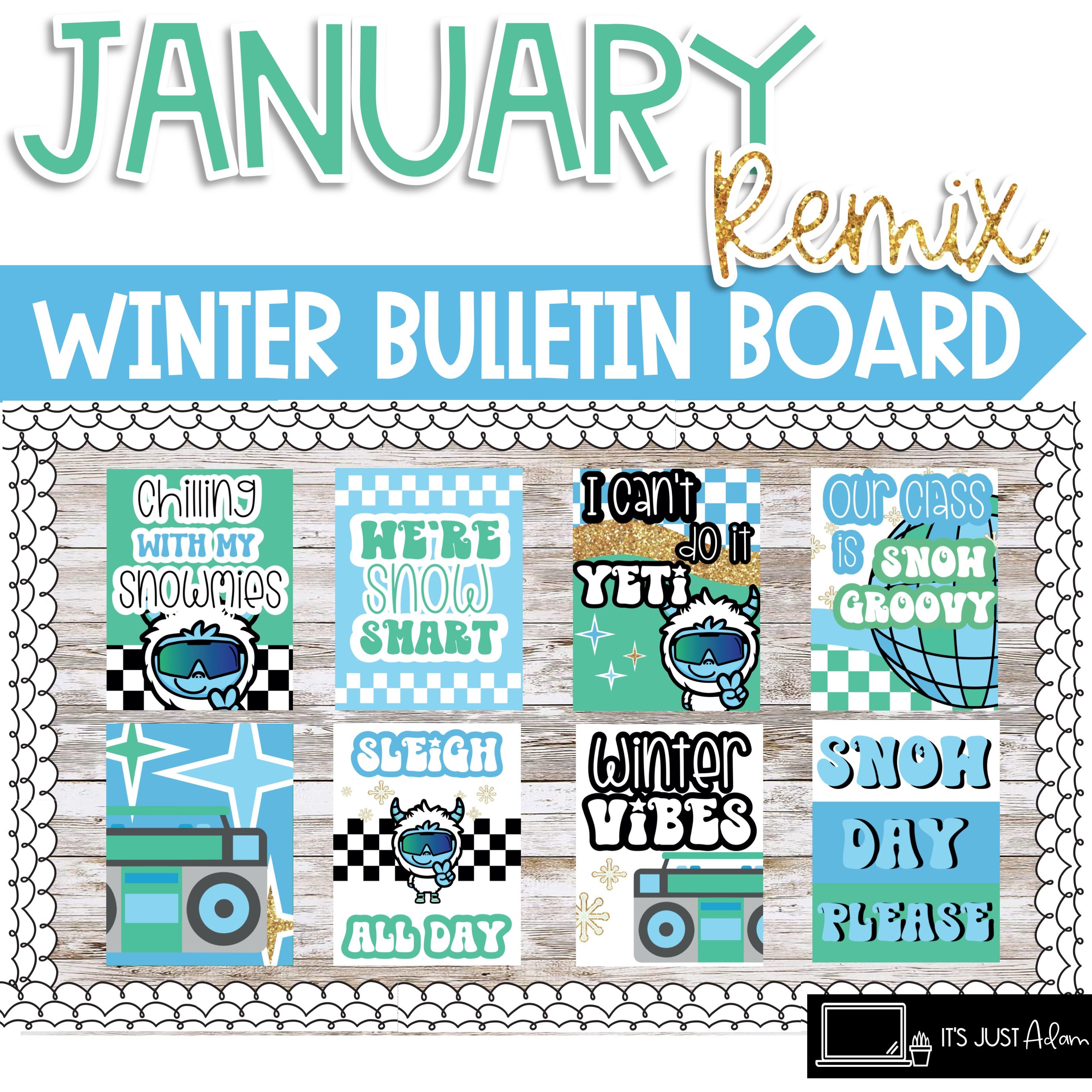 January Remix Bulletin Board Posters Yeti New Year Bulletin Board ...