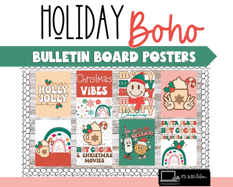 Christmas Posters Bulletin Board December Posters Boho Rainbow Retro ...