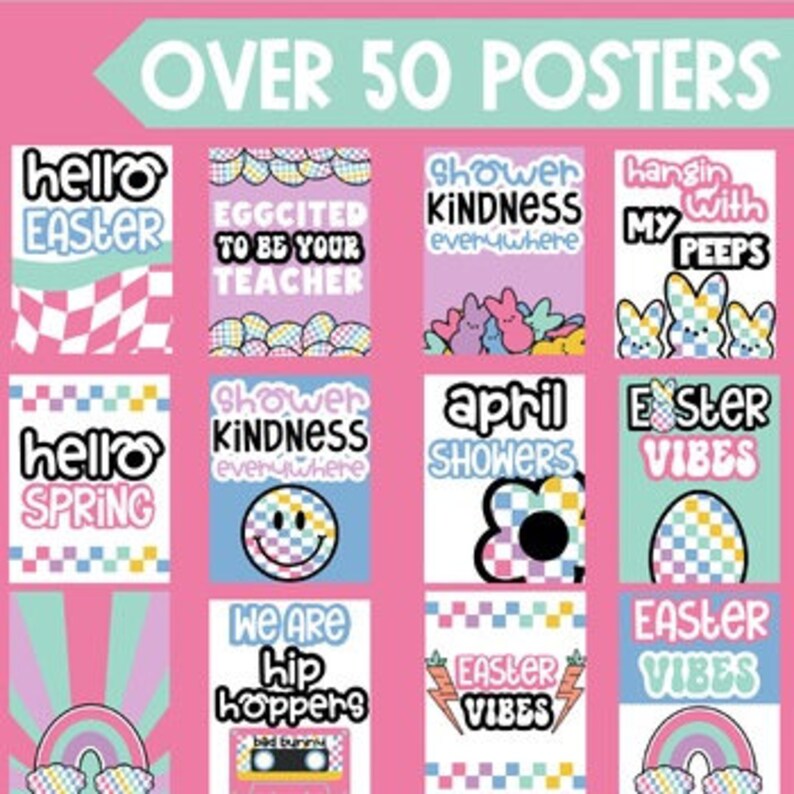 April Posters Bulletin Board Easter Posters Boho Retro Rainbow Spring ...
