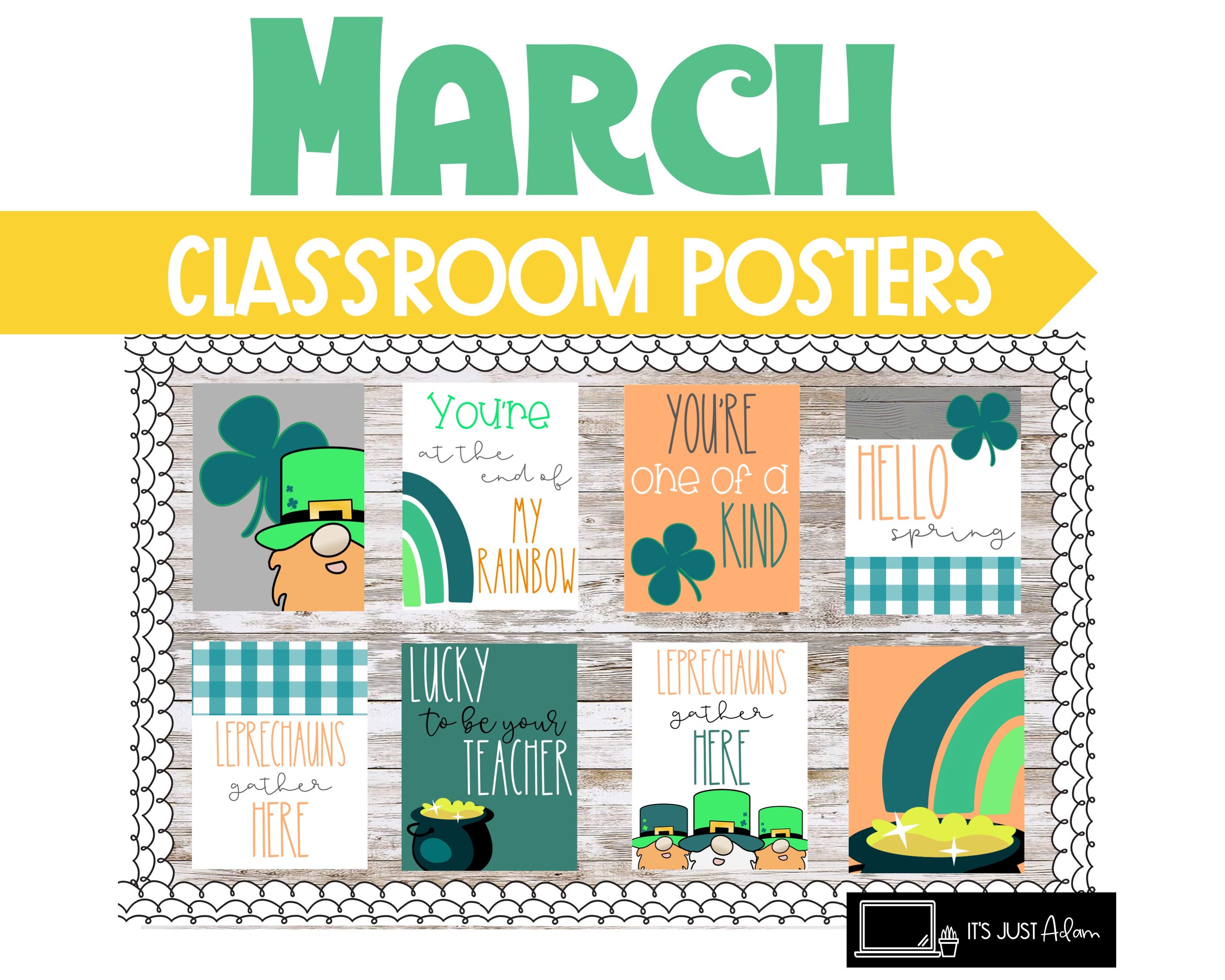 March Classroom Posters St. Patrick's Day Bulletin Board Monthly Boho ...