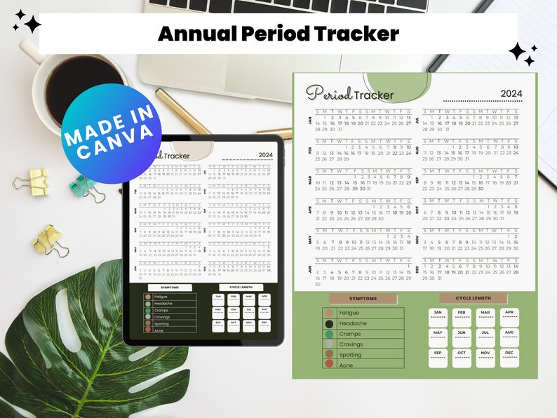 Annual Period Tracker 2024, 1-page Cycle Tracker for the Year ...