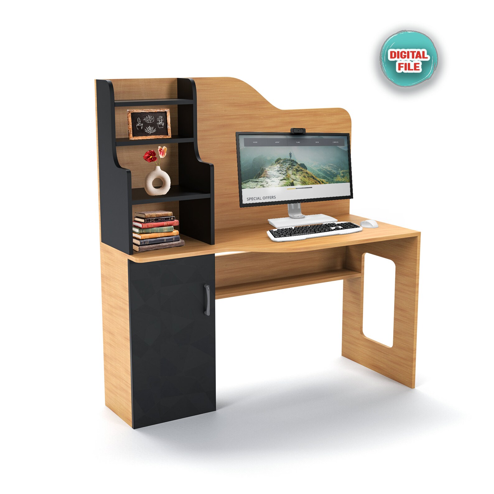 Study Table With Shelf CNC File Wooden Desk and Shelf Plan Study Desk ...
