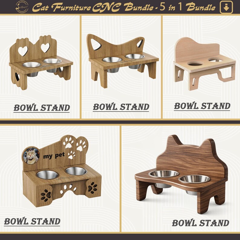Flat Pack Cat Bowl Stand CNC Files Bundle, 5 in 1 Slot Together Pet ...