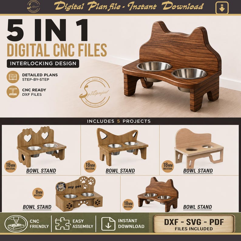 Flat Pack Cat Bowl Stand CNC Files Bundle, 5 in 1 Slot Together Pet ...
