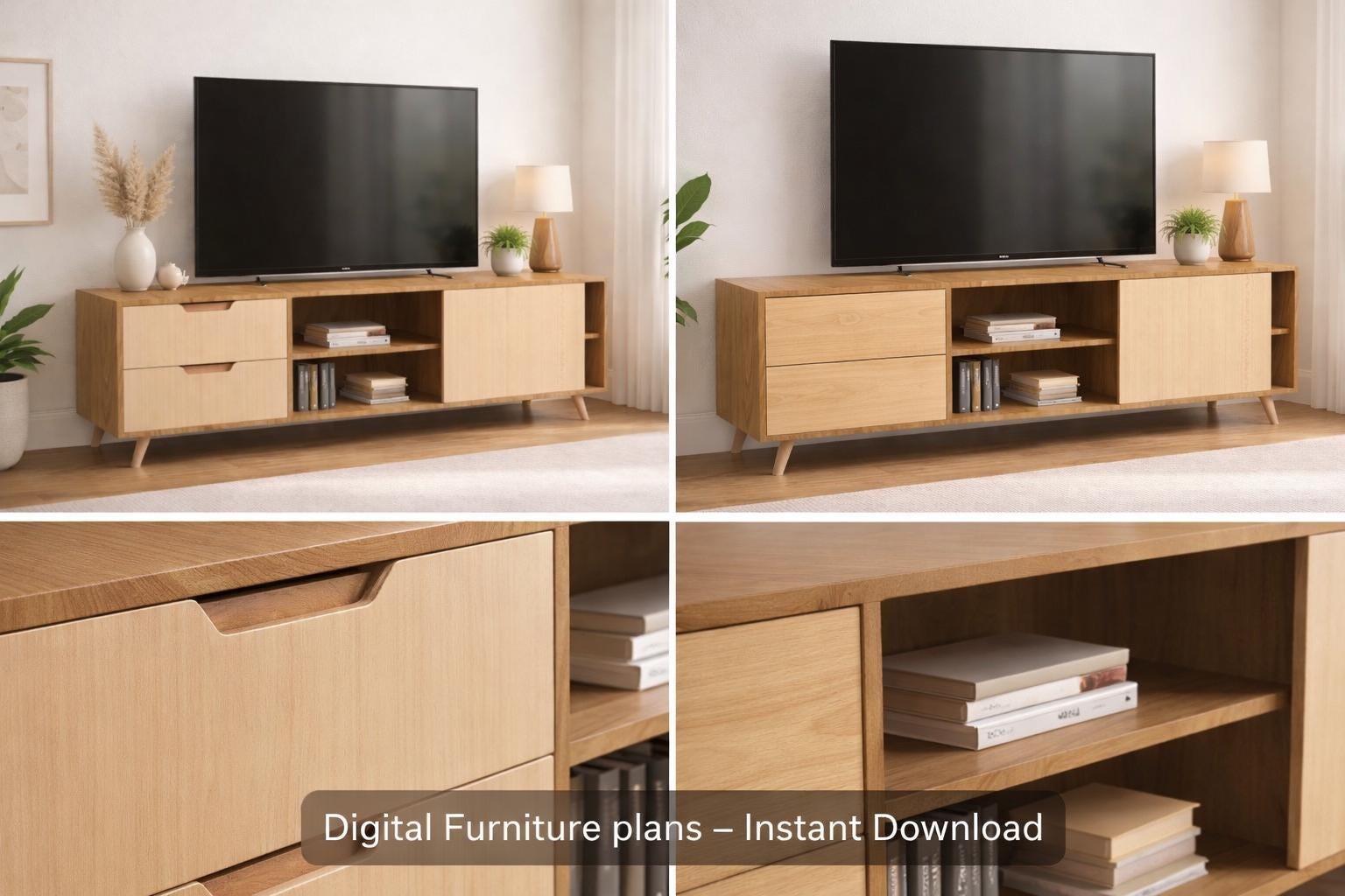 Modern TV Stand Plan CNC Compatible Digital Drawing Minimalist Media ...