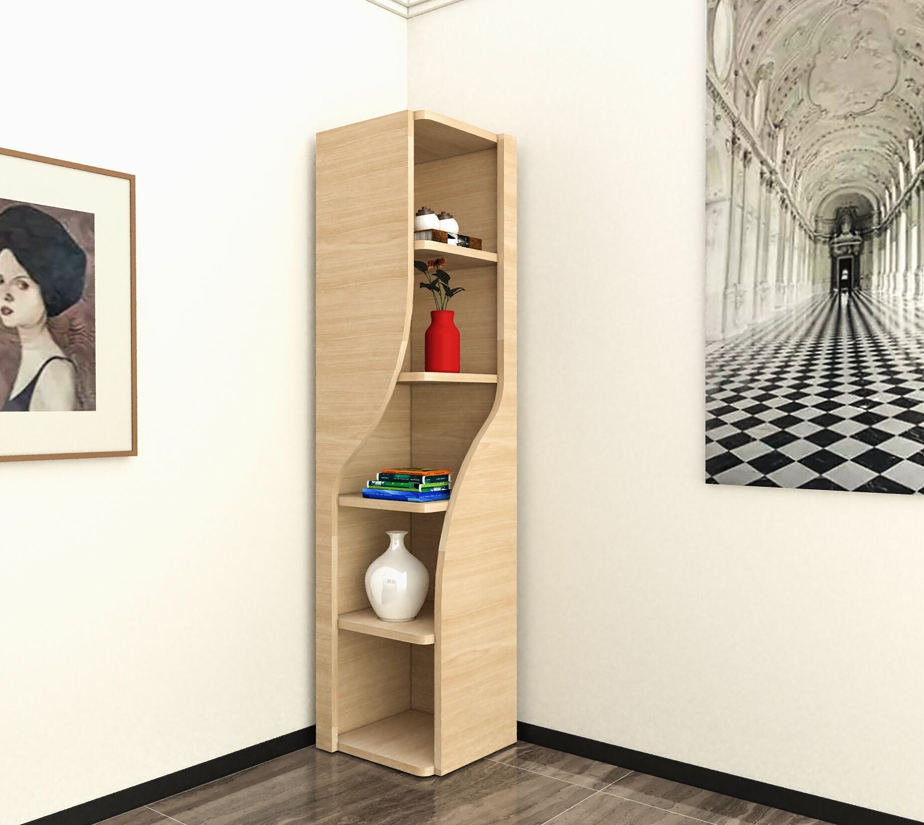 Wooden Bookcase CNC File – Plywood Corner Shelf Furniture Plan Svg Dxf ...