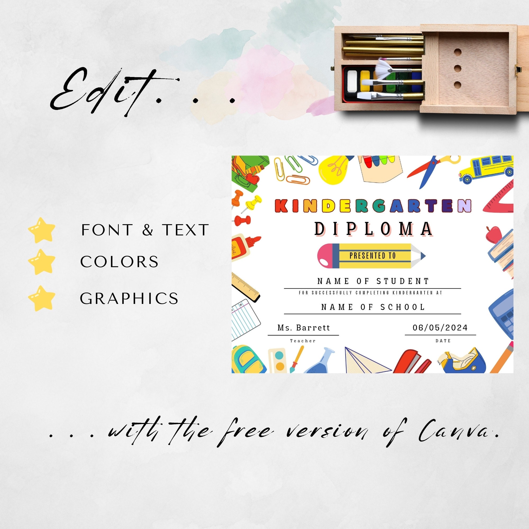 Editable Kindergarten Graduation Certificate Printable Diploma Instant ...