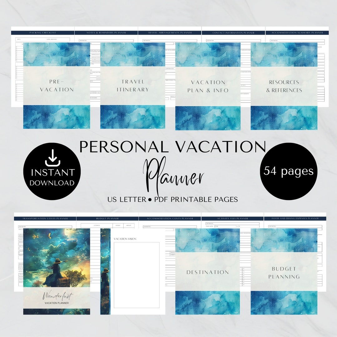 Personal Vacation Planner Personal Trip Planner Blue Printable Vacation ...