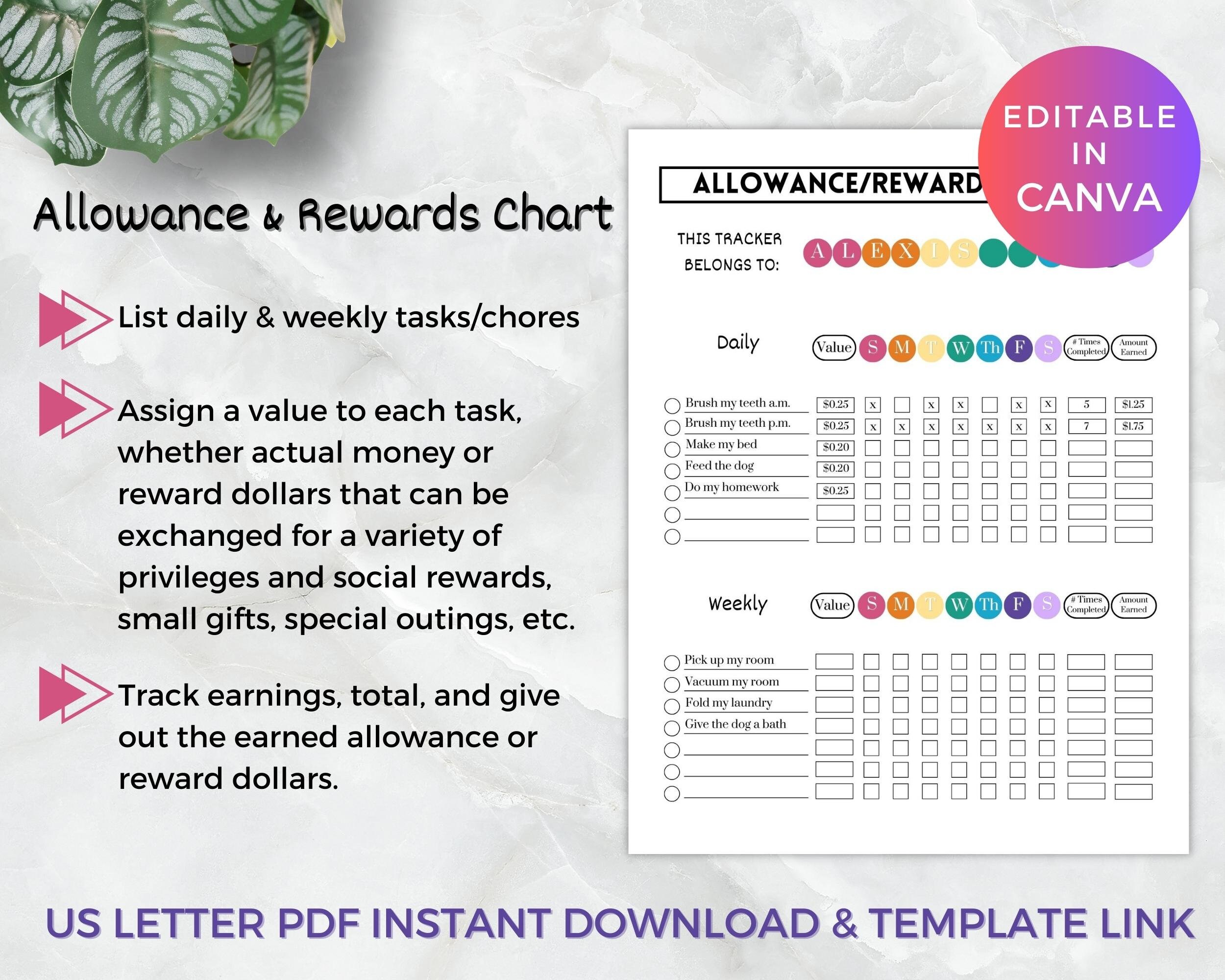 Printable Allowance Tracker Templates Editable Chore Chart for Kids ...