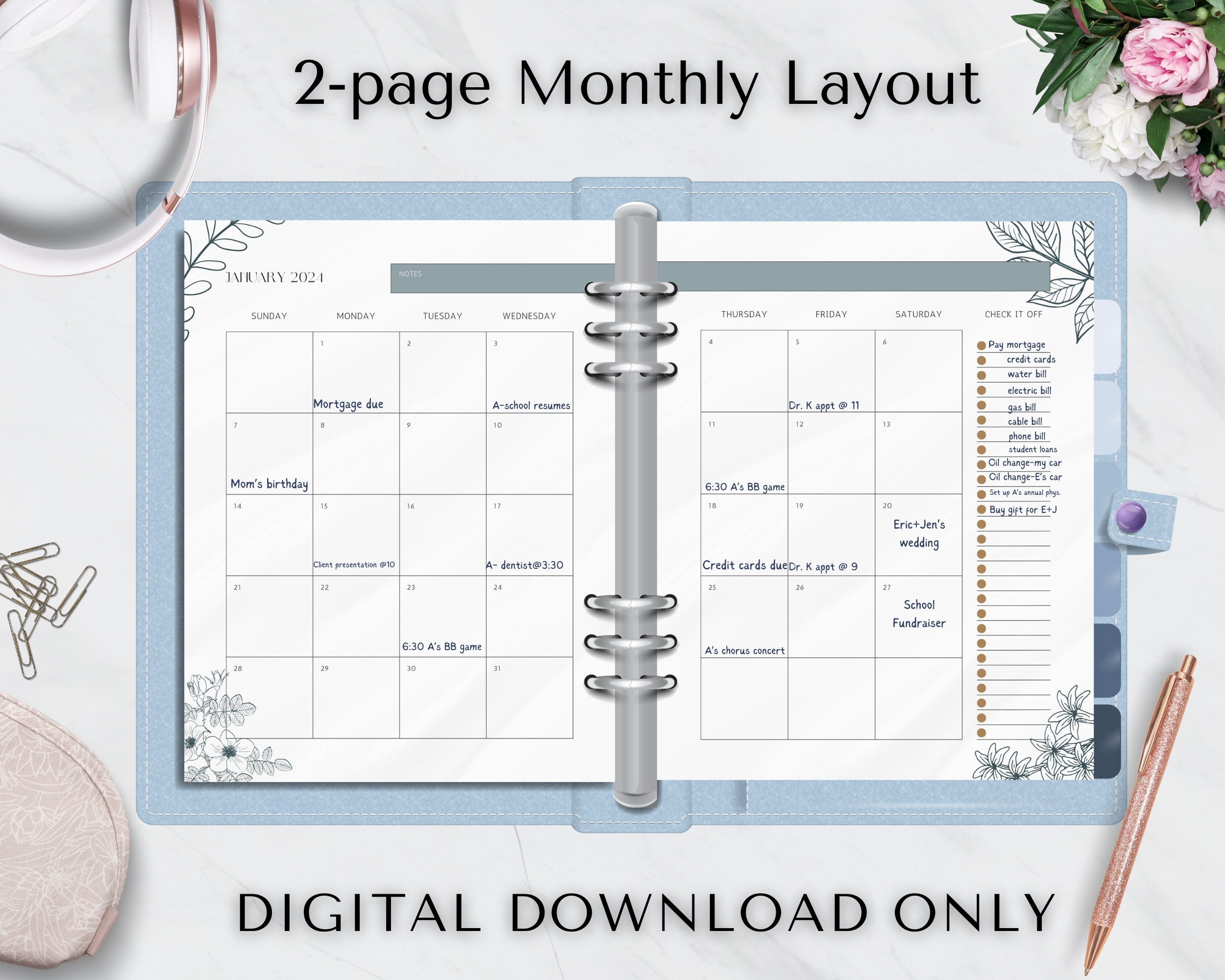 2024 Printable Planner Pages DIGITAL DOWNLOAD Monthly Weekly Daily ...