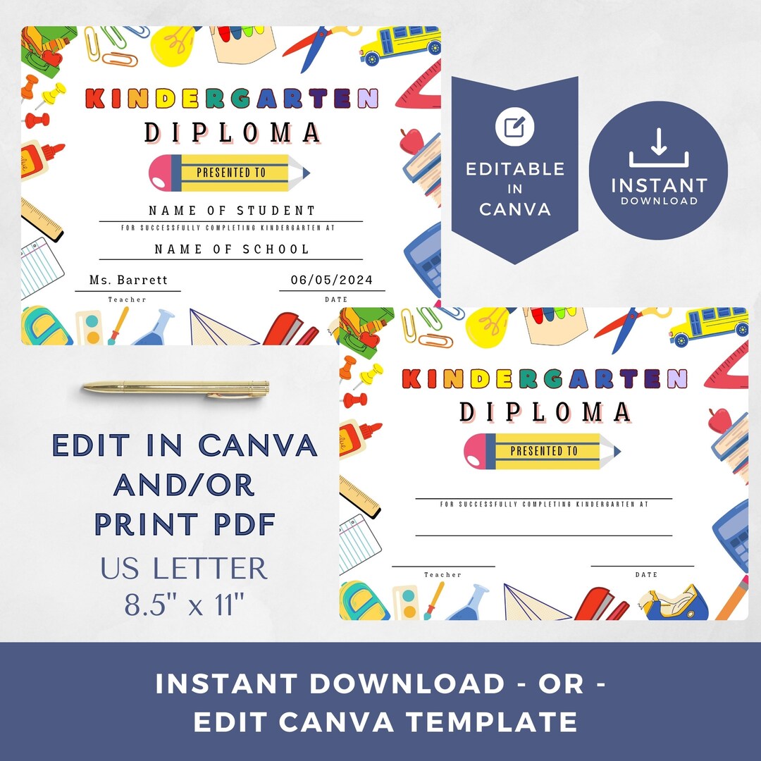 Editable Kindergarten Graduation Certificate Printable Diploma Instant ...
