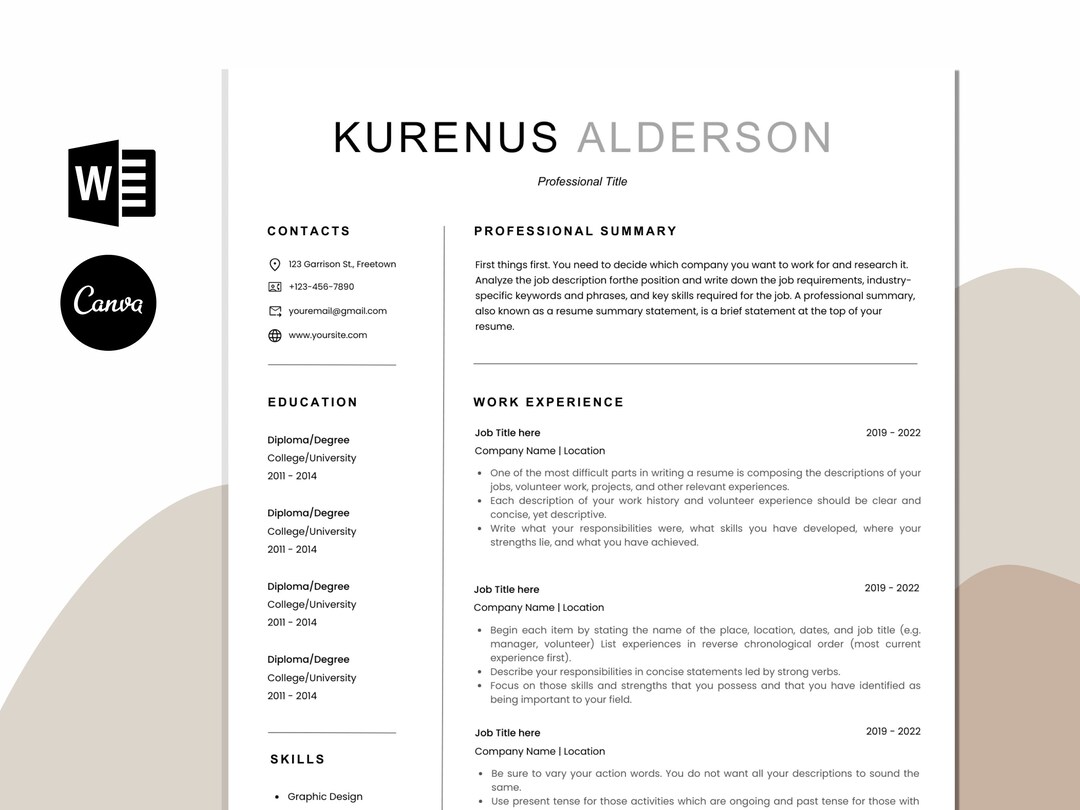 CV Template Resume, Word Document, Canva Template, Editable Template ...