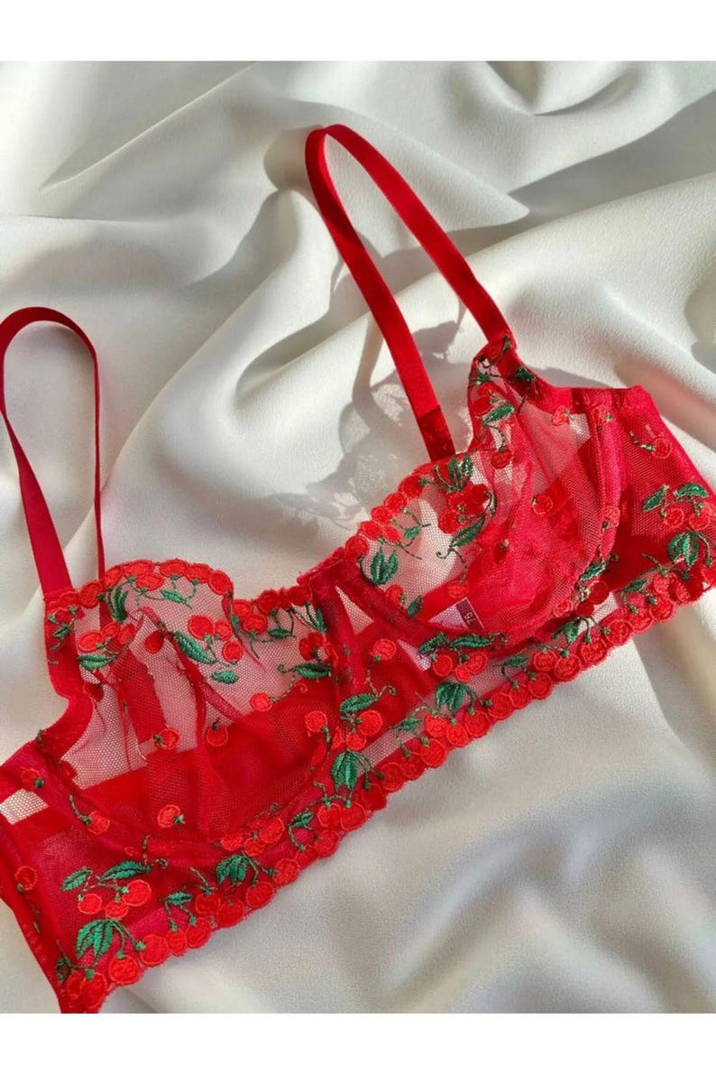 Cherry Embroidered Lingerie Set - Red Sheer Bra and Thong - Cute Mesh ...