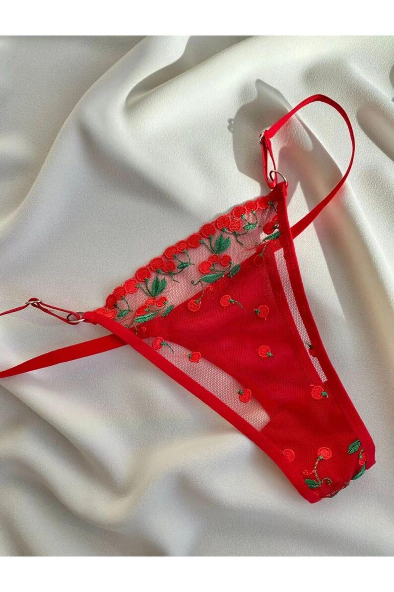 Cherry Embroidered Lingerie Set - Red Sheer Bra and Thong - Cute Mesh ...