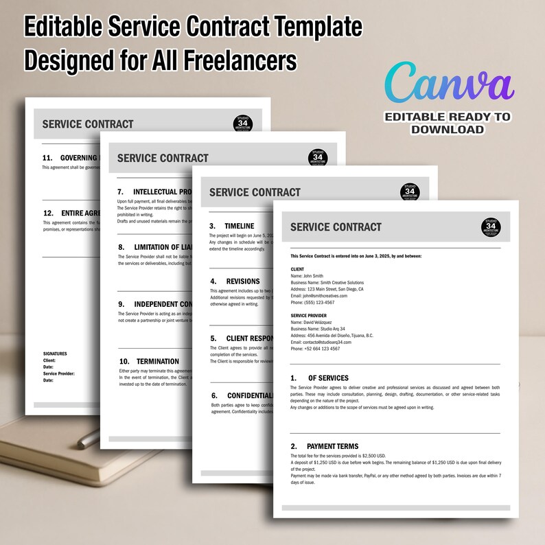 Editable Service Contract Template - Customizable Contract for ...