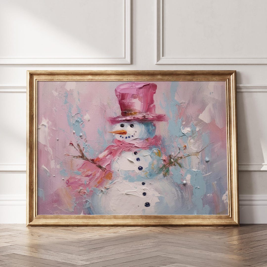 Pink Snowman Preppy Printable Wall Art, Girly Winter Painting, Preppy ...