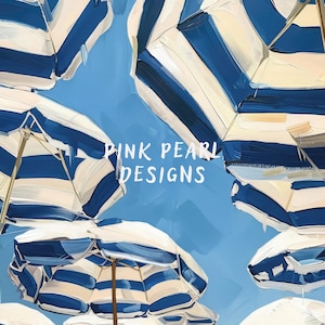 Navy Beach Umbrellas Girly Wall Art Printable, Trendy French Summer ...