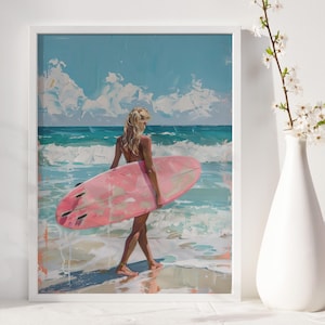 Surfer Girl Preppy Printable Wall Art, Girly Pink Surfboard Poster ...