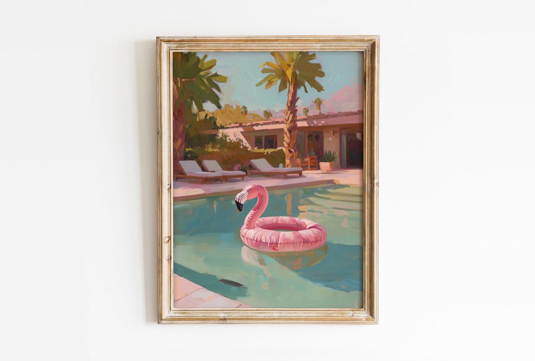 Retro Flamingo Pool Float Printable Wall Art, Trendy Swimming Pool ...
