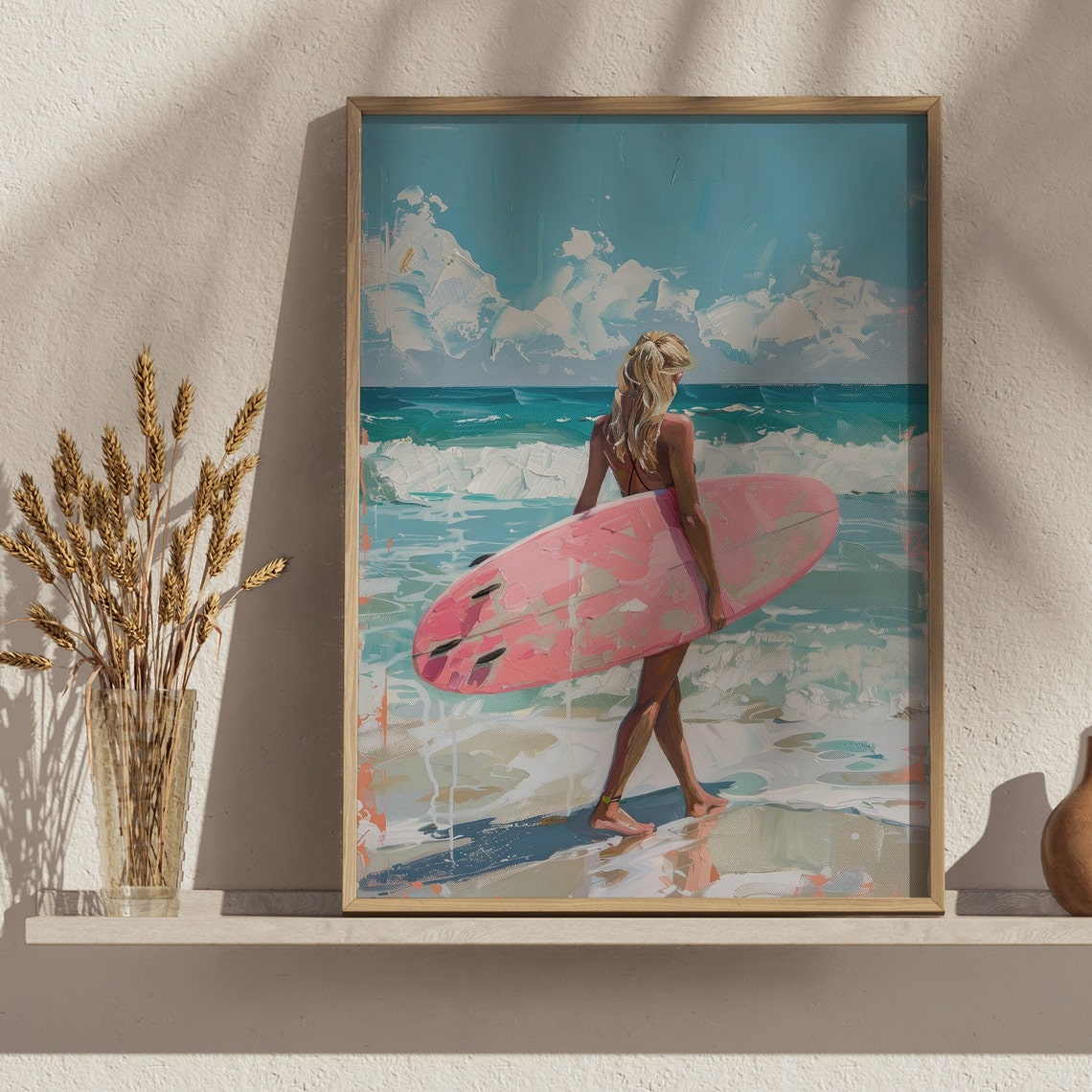 Surfer Girl Preppy Printable Wall Art, Trendy Pink Surfboard Wall Art ...