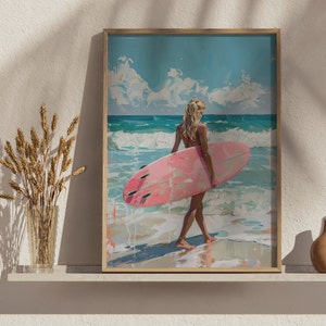 Surfer Girl Preppy Printable Wall Art, Trendy Pink Surfboard Wall Art ...