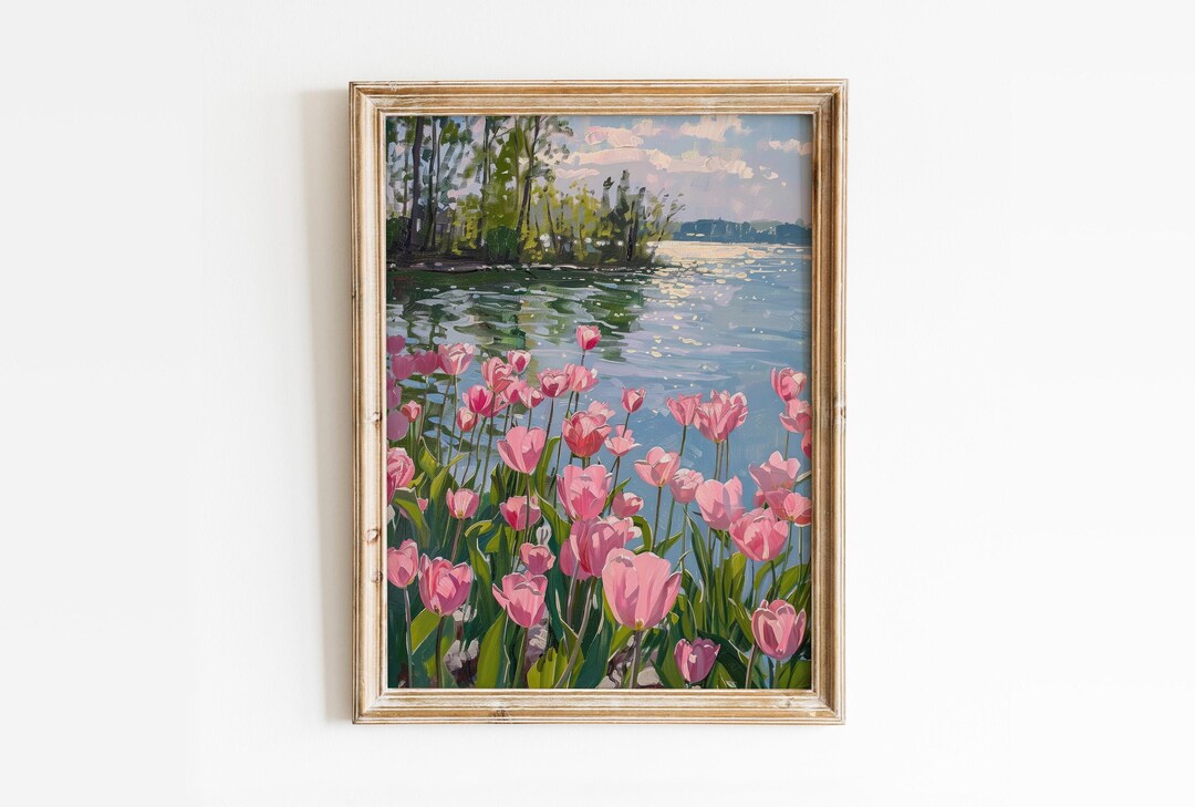 Pink Tulips Lake View Art Print: Preppy Spring Decor (digital Download ...