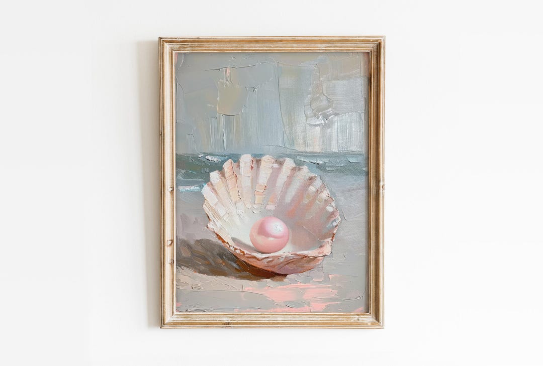 Pink Pearl in Oyster Shell Print: Coquette Coastal Poster, Girly Beachy ...