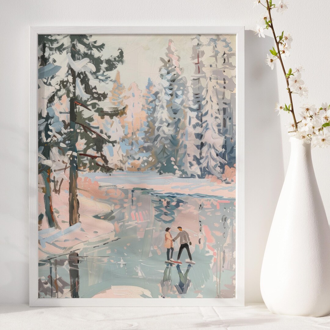 Ice Skating Couple Printable Wall Art, Vintage Winter Painting, Preppy ...