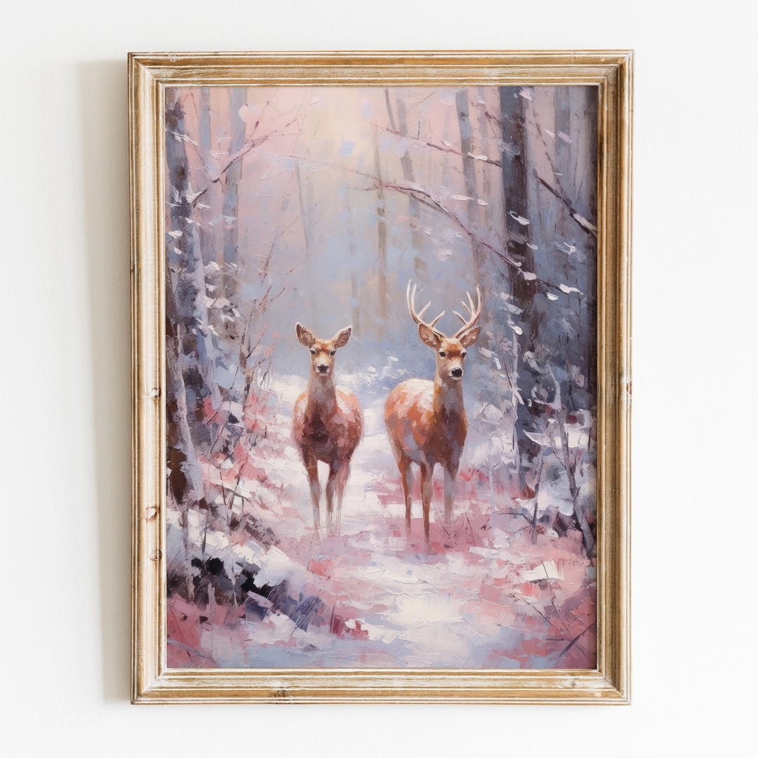 Deers in Forest Girly Printable Wall Art, Preppy Room Decor, Pink ...