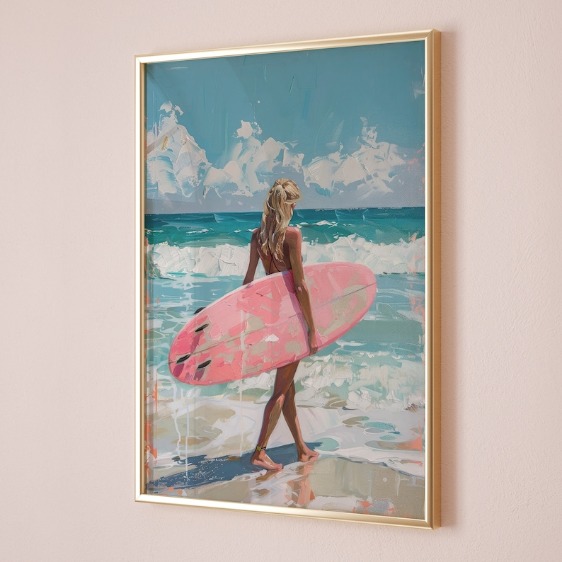 Surfer Girl Preppy Printable Wall Art, Trendy Pink Surfboard Wall Art ...