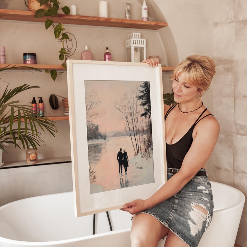 Ice Skating Couple in Frozen Lake Print: Vintage Winter Poster, Girly ...