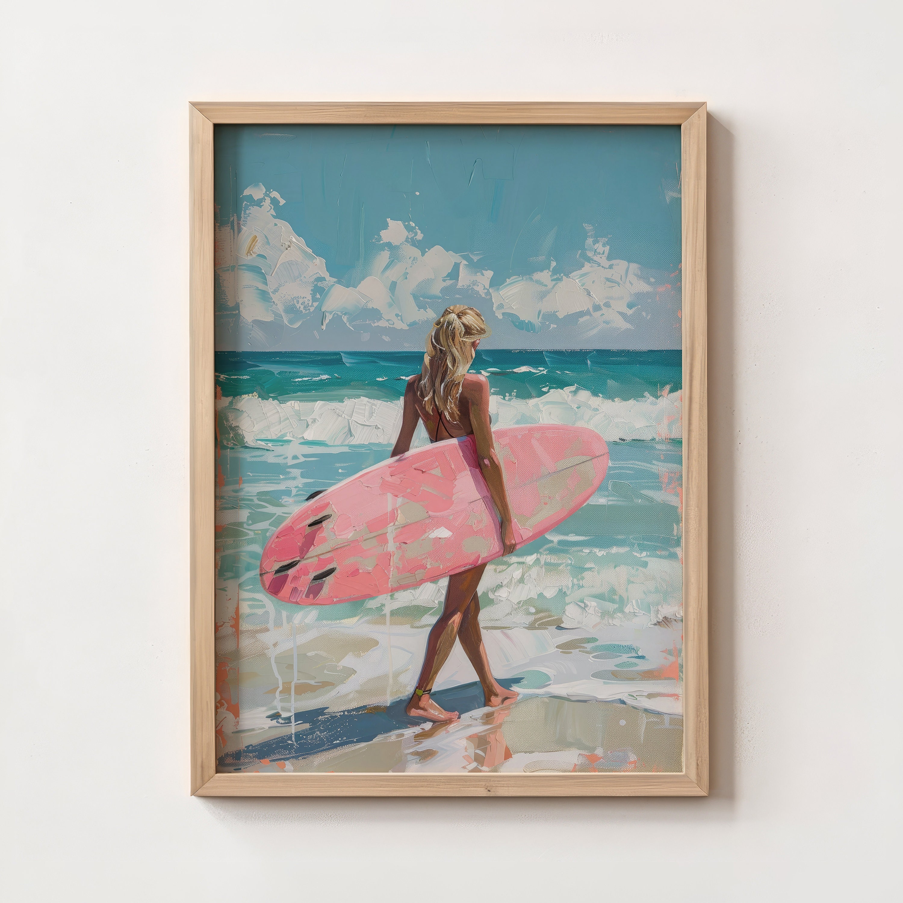 Surfer Girl Preppy Printable Wall Art, Trendy Pink Surfboard Wall Art ...