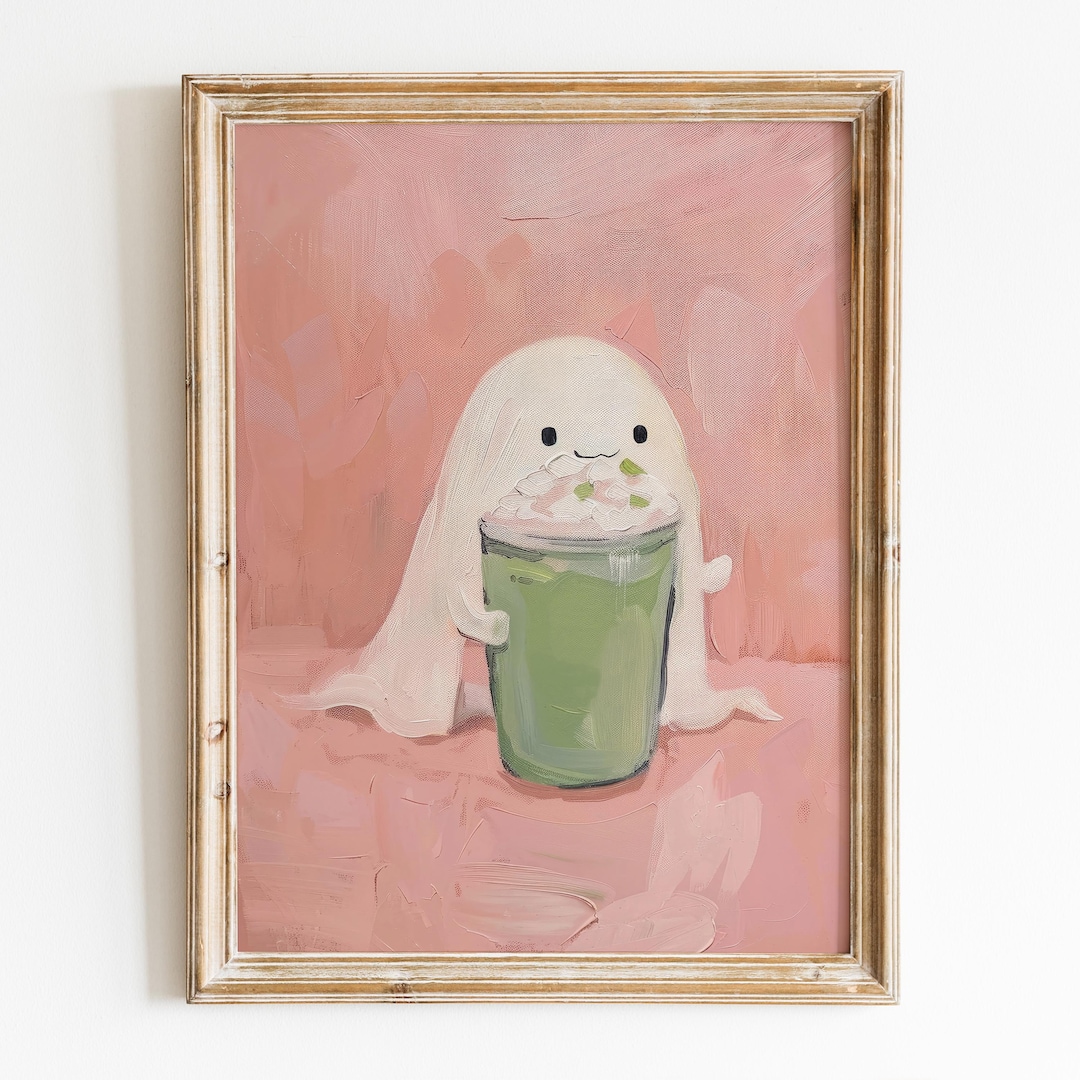 Cute Ghost With Matcha Latte Halloween Printable Wall Art, Preppy ...