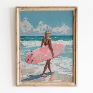 Surfer Girl Preppy Printable Wall Art, Trendy Pink Surfboard Wall Art ...