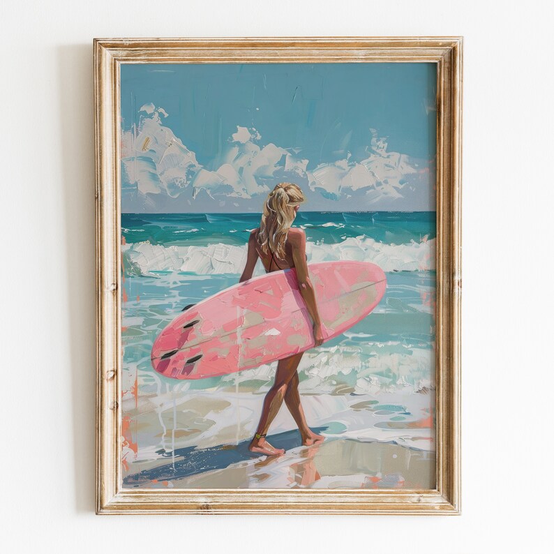 Surfer Girl Preppy Printable Wall Art, Trendy Pink Surfboard Wall Art ...