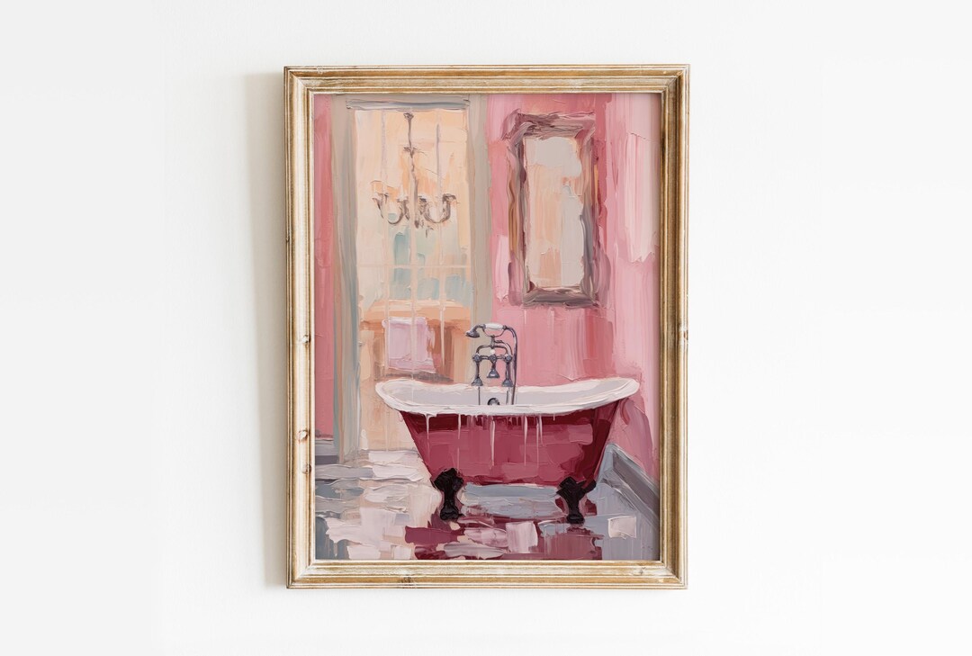 Pink Vintage Girly Bathroom Printable Wall Art, Trendy Bathtub Print ...