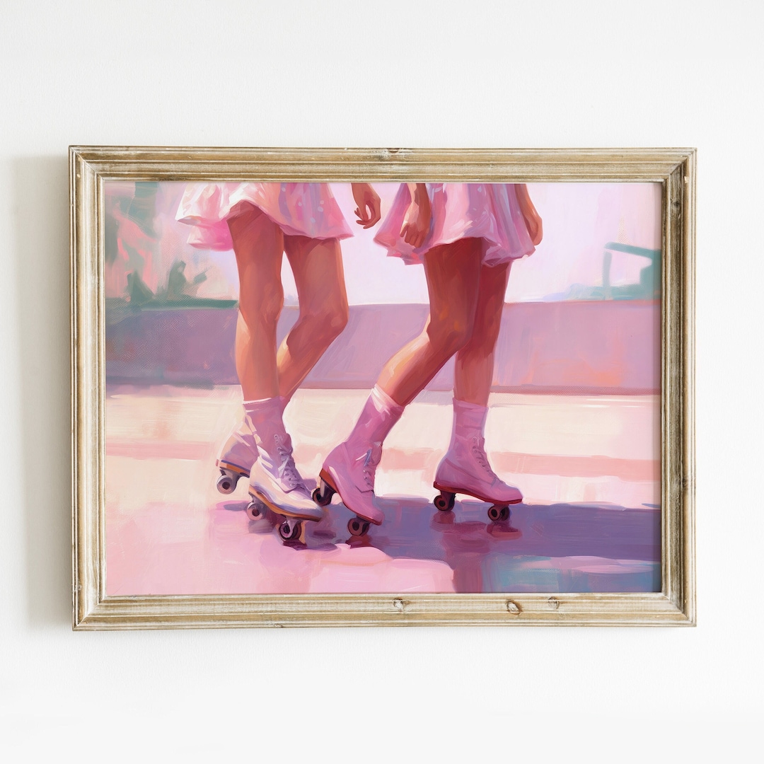 Retro Roller Skating Girls Pink Wall Art Print, Vintage Girly Printable ...