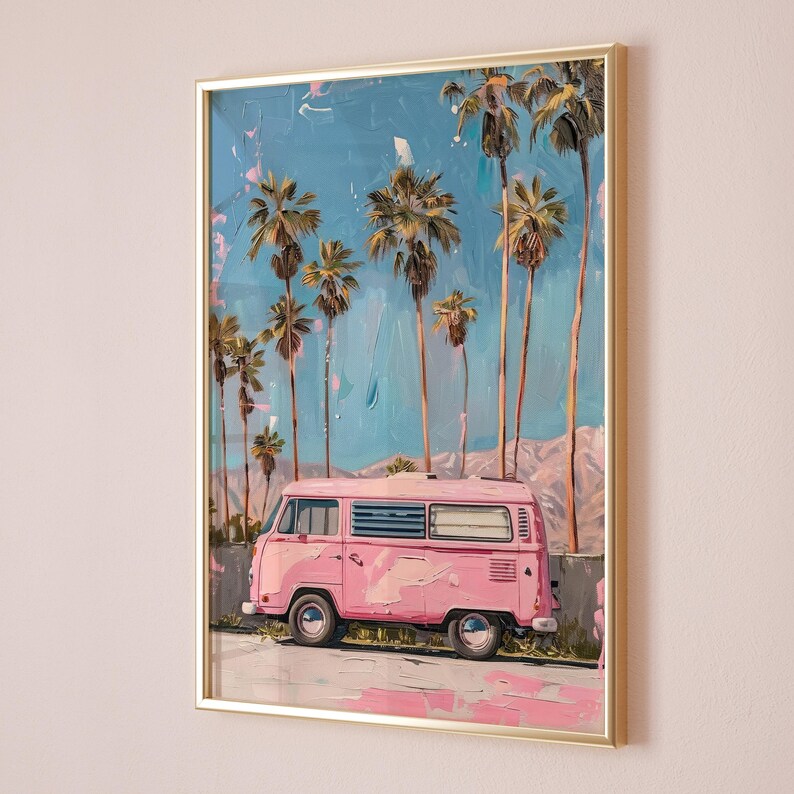 Pink Vintage Caravan Printable Wall Art, Retro California Print, Preppy ...