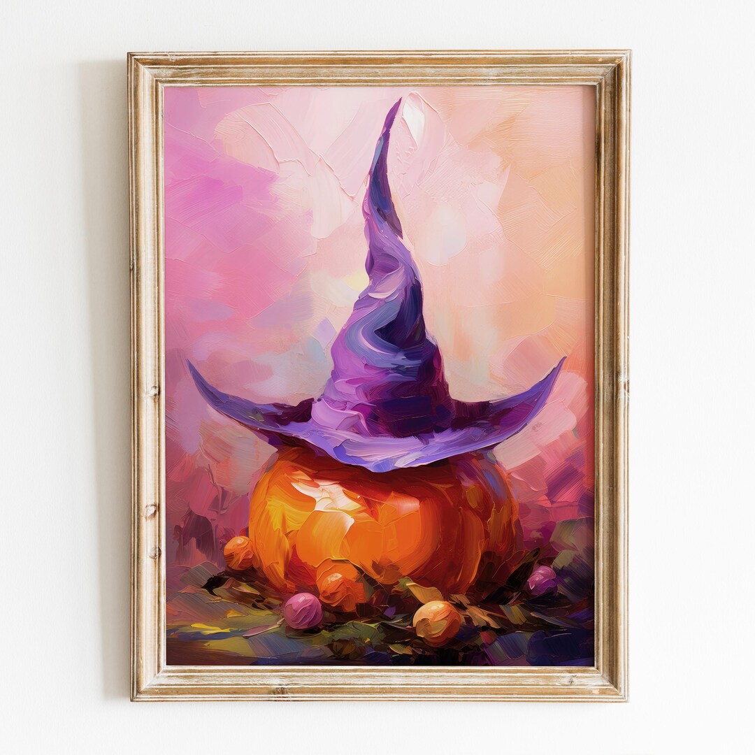 Witch Hat on Pumpkin Girly Printable Wall Art, Preppy Witchy Halloween ...