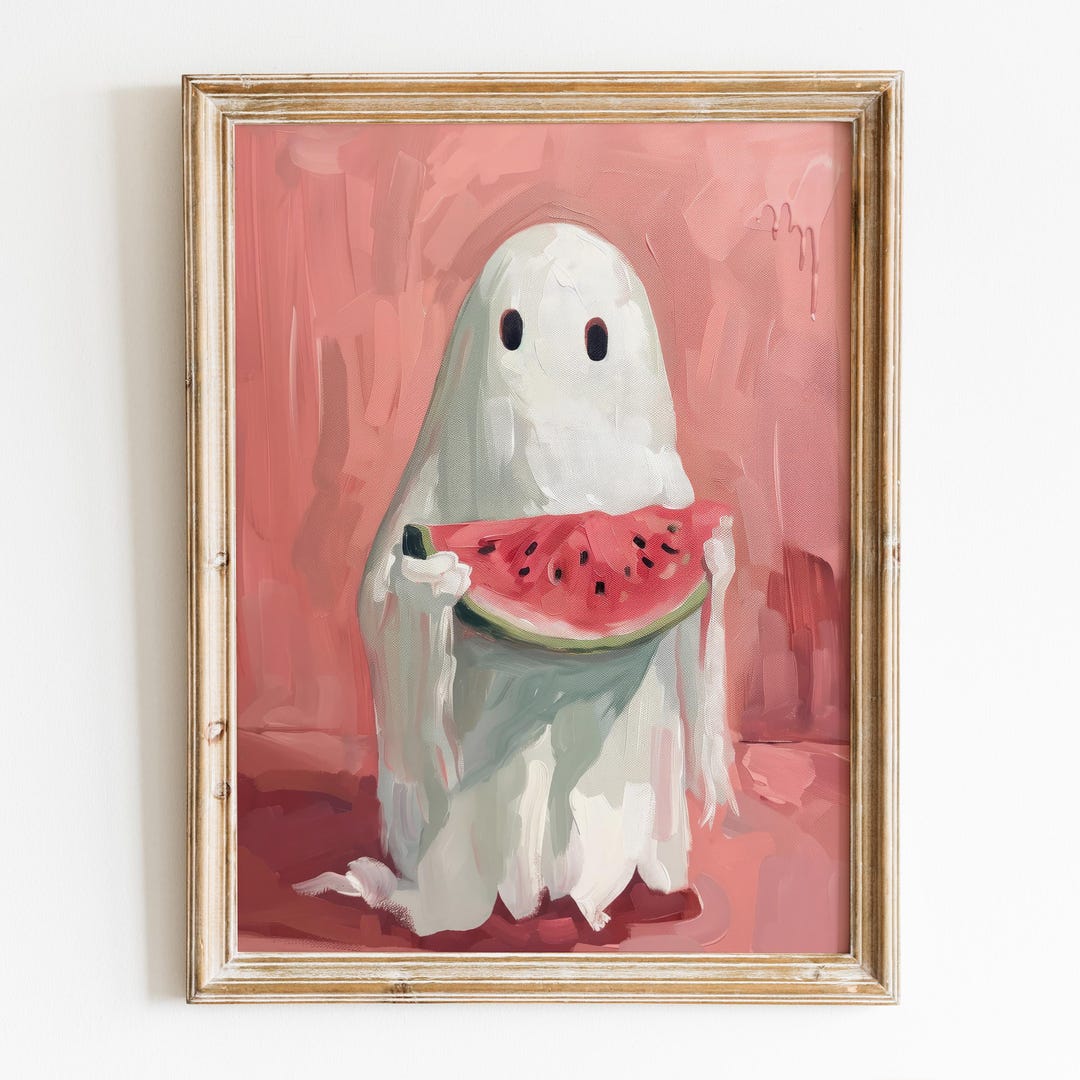 Ghost Eating Watermelon Halloween Printable Wall Art, Preppy Halloween ...