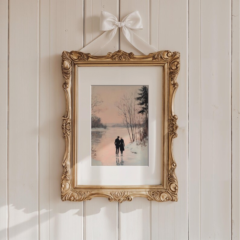 Ice Skating Couple in Frozen Lake Print: Vintage Winter Poster, Girly ...