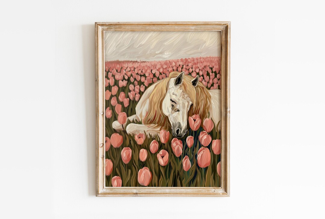 Horse in a Tulip Field Print: Preppy Pink Tulips Floral Poster, Girly ...