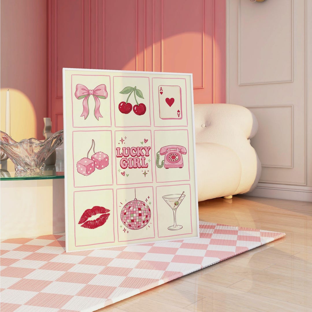 Lucky Girl Coquette Grid Print: Trendy Retro Poster, Preppy Room Decor ...