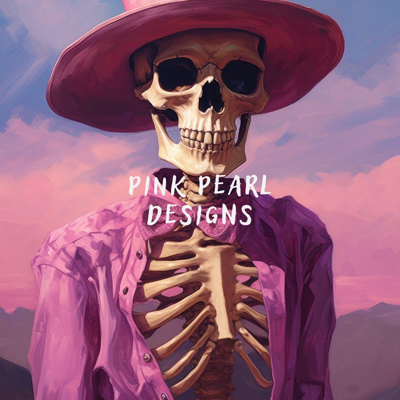 Preppy Cowgirl Skeleton Printable Wall Art, Pink Halloween Gothic ...