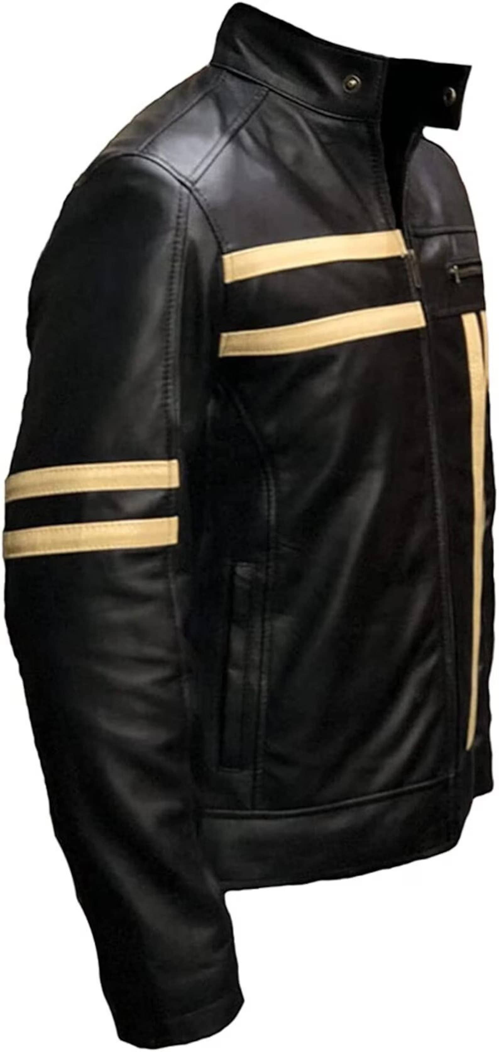 Mens Cruise Cafe Racer Stripe Biker Leather Jacket Handmade - Etsy