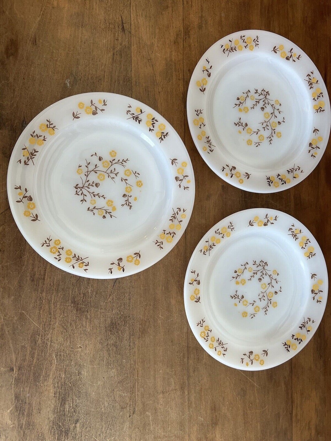 Lot of 3 Dynaware Pyrorey Milk Glass Brown Gold Floral Dessert Plates ...