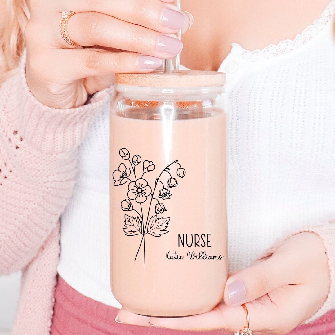 Custom Birth Flower Nurse Iced Coffee Glass Tumbler With Straw And Lid ...