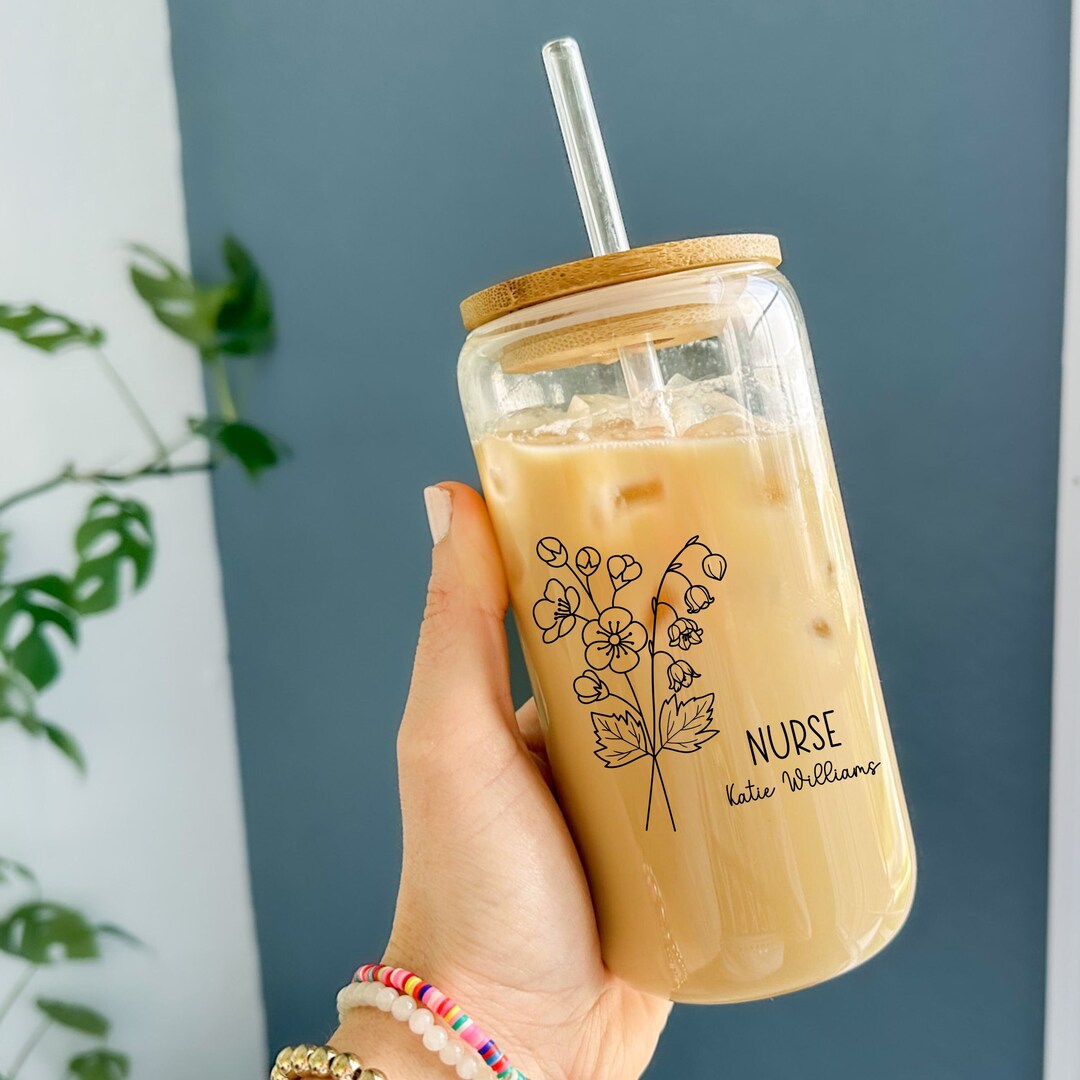 Personalized Birth Flower Nurse Iced Coffee Glass Tumbler With Straw ...
