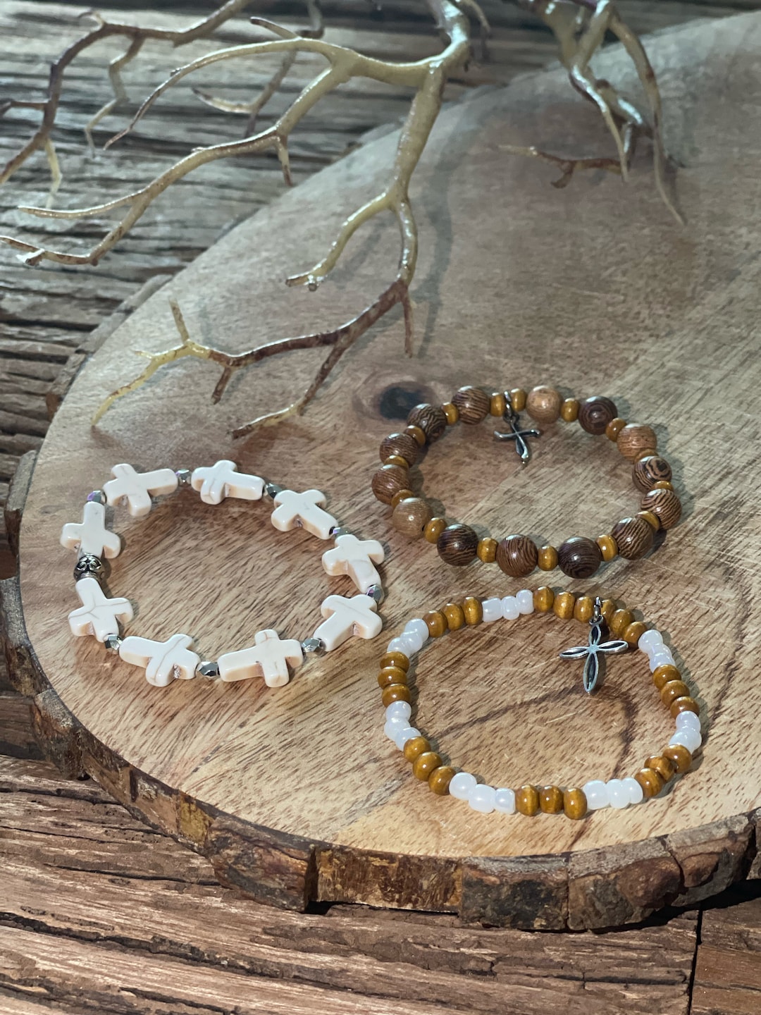 Set of 3 Cross Bracelets With Wood and Howlite Cross Beads - Etsy