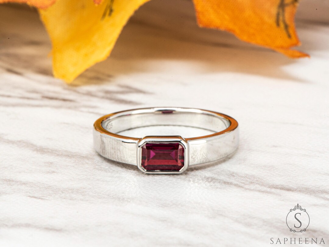 Emerald Cut Ruby Ring, Bezel Set Ruby Ring, Sterling Silver Minimalist ...